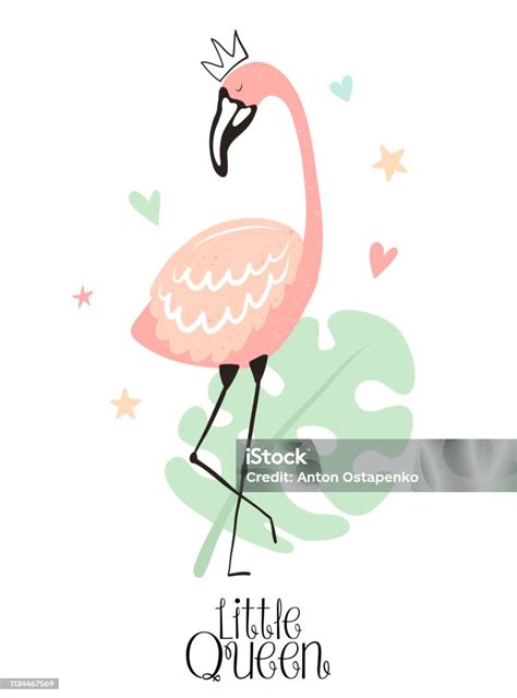 몬스 테라 하트 별과 왕관에 플라밍고의 벡터 열 대 그림 아이 휴일 옷 장식 섬유 직물 카드에 대 한 손으로 그린 여름 이국적인