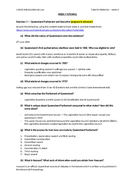 LLB101 TUT WK4 LLB101 Introduction To Law Tutorial Materials Week 4 WEEK 4 TUTORIAL Exercise