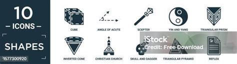 채워진 모양 아이콘 세트입니다 평평한 입방체 예각 홀 음과 양 삼각형 프리즘 거꾸로 된 원뿔 기독교 교회 두개골과 단검