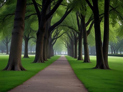 A Tree Lined Path In A Park With A Line Of Trees Premium AI Generated Image
