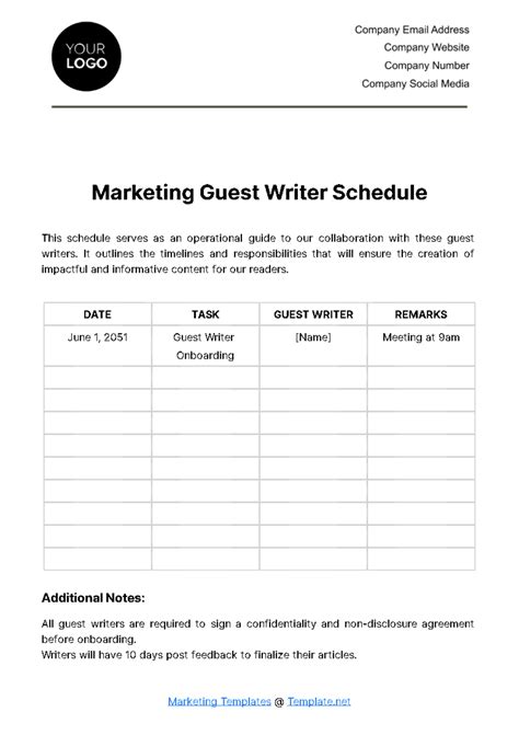 Free Marketing Guest Writer Schedule Template To Edit Online