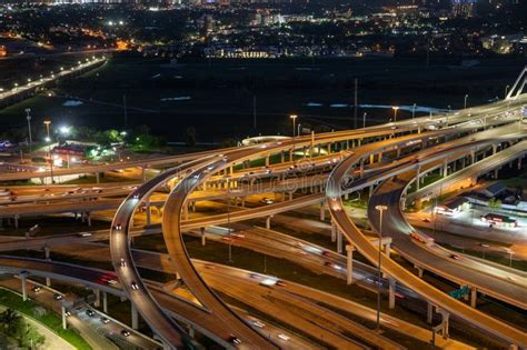 Highway By Night With Fly Over Bridges By Night In Dallas Texas Stock