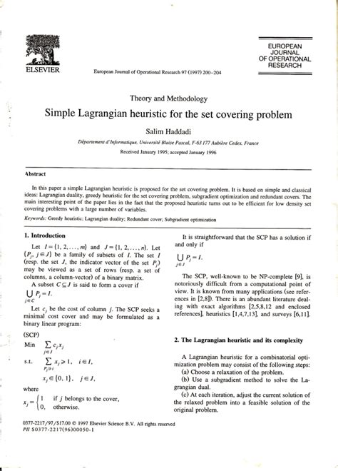 Pdf Simple Lagrangian Heuristic For The Set Covering Problem