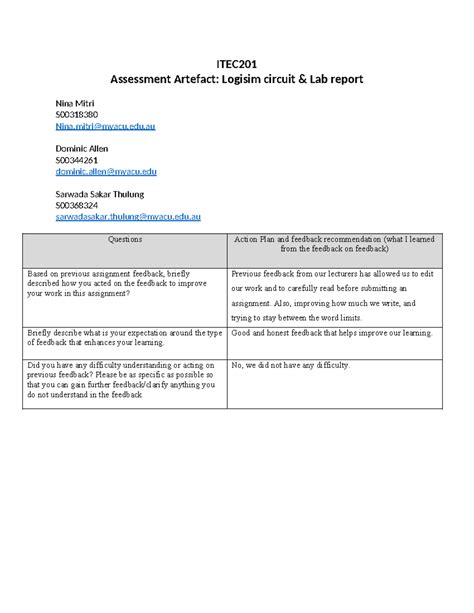Report Itec200 Assesment 1 Itec Assessment Artefact Logisim Circuit And Lab Report Nina Mitri