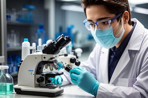Premium Photo Chemist Is Analyzing Sample In Laboratory With Microscope