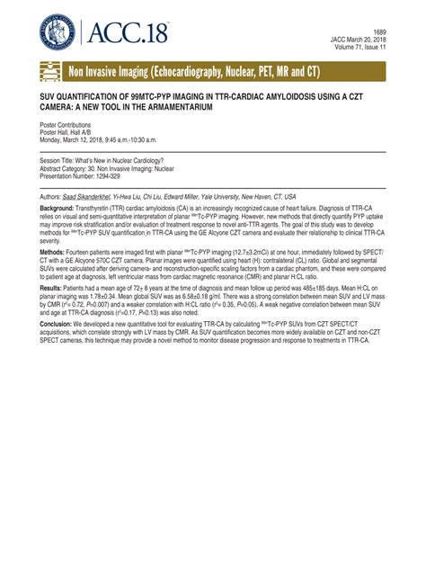 Pdf Suv Quantification Of 99mtc Pyp Imaging In Ttr Cardiac Amyloidosis Using A Czt Camera A