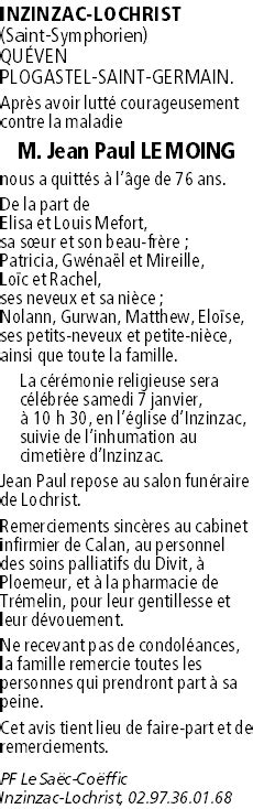 M Le Moing Jean Paul Avis De Décès Du 04 Janvier 2023 Le