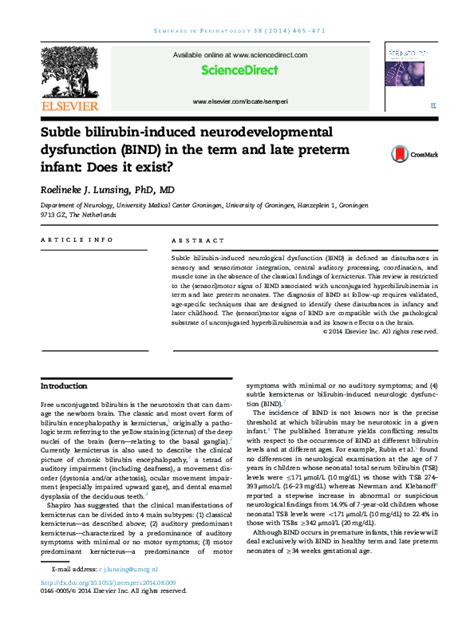 Pdf Subtle Bilirubin Induced Neurodevelopmental Dysfunction Bind In The Term And Late