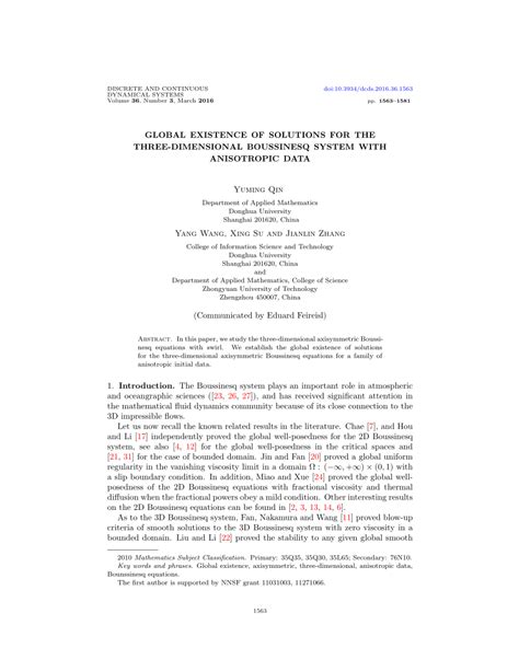 Pdf Global Existence Of Solutions For The Three Dimensional Boussinesq System With Anisotropic