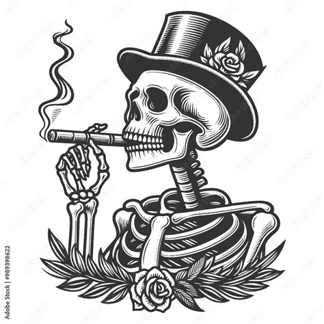 เวกเตอร์ Stock Skeleton Wearing A Top Hat And Smoking A Cigar Exuding