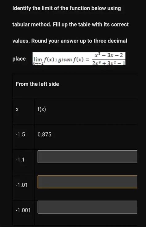 identify the limit of the function below using tabular method fill up