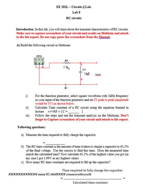 Solved Ee 282l Circuits I Lab Lab 8 Rc Circuits