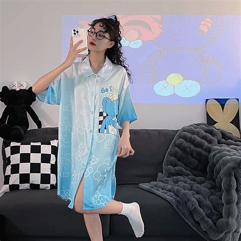睡裙女夏季冰丝薄款短袖衬衫领可外穿仿真丝女士中长款夏天家居服