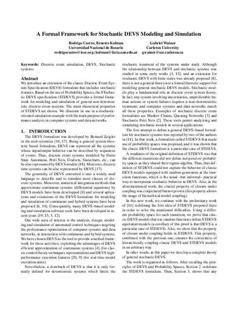 Pdf A Formal Framework For Stochastic Devs Modeling And Simulation