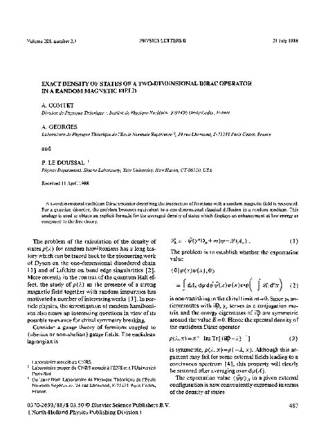 Pdf Exact Density Of States Of A Two Dimensional Dirac Operator In A Random Magnetic Field