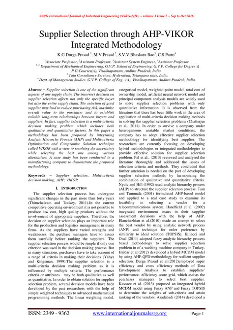 Pdf Supplier Selection Through Ahp Vikor Integrated Methodology