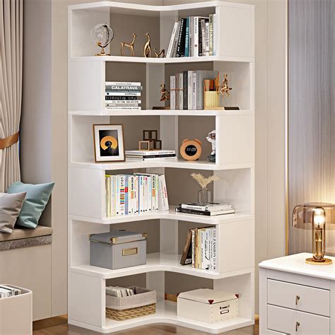 6 Tier Corner Bookshelf 75 2 Tall Corner Bookcase Solid Wood Bookshelf Organizer