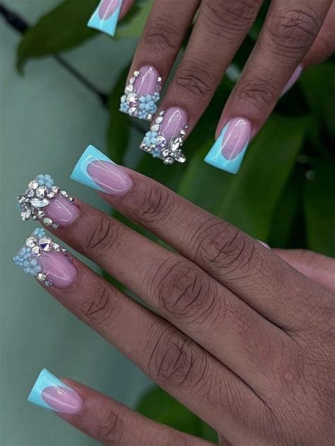 24 Pcs Xxl New Duck Beak Nail Crystal Butterfly Blue French Edge Blue