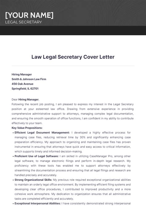 Free Law Legal Secretary Cover Letter Template To Edit Online