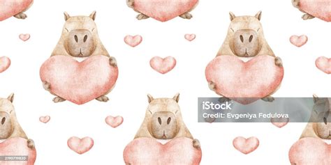 사랑과 붉은 마음에 카피바라 귀여운 설치류와 함께 발렌타인 데이 배경 손으로 그린 수채화 완벽 한 표면 패턴 디자인 기니피그 2 월 14 일 벽지 섬유 포장지 2월에 대한