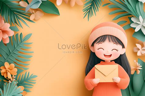 봉투를 들고 행복한 소녀 일러스트 무료 다운로드 Lovepik