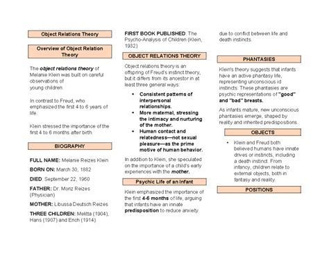 Melanie Klein Handout Object Relations Theory Overview Of Object