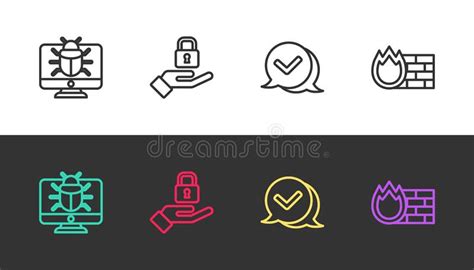 Set Line System Bug On Monitor Lock In Hand Check Mark Speech Bubble And Firewall Security