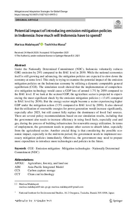 Pdf Potential Impact Of Introducing Emission Mitigation Policies In Indonesia How Much Will