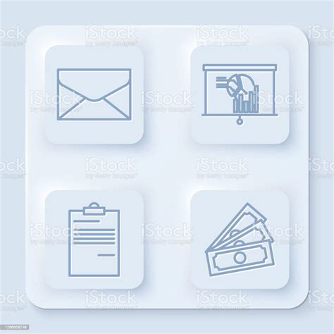 세트 라인 봉투 그래프 차트와 보드 문서 및 스택 종이 돈 현금 흰색 정사각형 버튼 벡터 0명에 대한 스톡 벡터 아트 및 기타