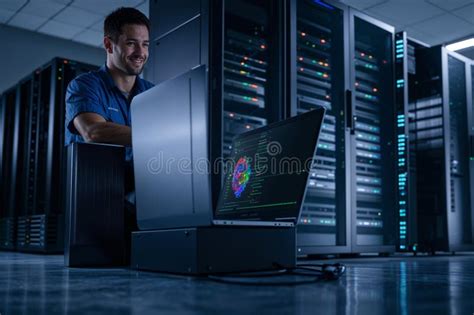 Male It Technician Running Maintenance Program On A Laptop Controls Operational Server Rack