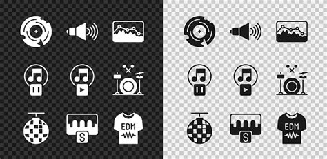 설정 비닐 디스크 스피커 볼륨 음악 웨이브 이퀄라이저 디스코 볼 티셔츠 일시 정지 버튼 및 플레이 사각형 아이콘 벡터 T 셔츠에 대한 스톡 벡터 아트 및 기타 이미지