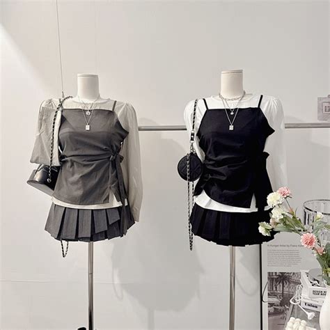 이프유마인 당일발송 페미닌하객룩 가을 페페 리본 스트랩 셔링 프릴 드레이프 스퀘어넥 슬립 뷔스티에 나시 레이어드 이너 무지 라운드넥 벌룬 퍼프 긴팔 크롭