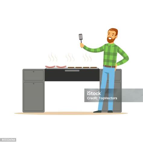 미소를 그릴 벡터 일러스트 레이 션에 소시지를 준비 하는 수염된 남자 바베큐그릴에 대한 스톡 벡터 아트 및 기타 이미지 바베큐그릴 바비큐 고기 Istock