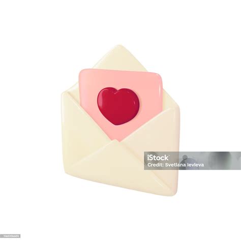 발렌타인 데이 또는 어머니의 날 선물 또는 인사말로 연애 편지 메일 열린 종이 봉투에 3d 빨간 심장 카드 생일 축하 선물 또는 청첩장 이메일 아이콘입니다 흰색 배경에