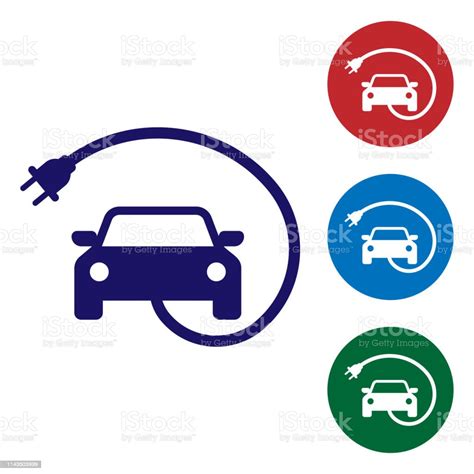 블루 전기 자동차와 전기 케이블 플러그 충전 아이콘 흰색 배경에 고립 신 재생 에코 테크놀로지 원 버튼의 색상 아이콘을 설정 합니다 벡터 일러스트 0명에 대한 스톡 벡터