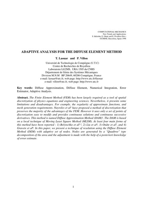 Pdf Adaptive Analysis For The Diffuse Element Method