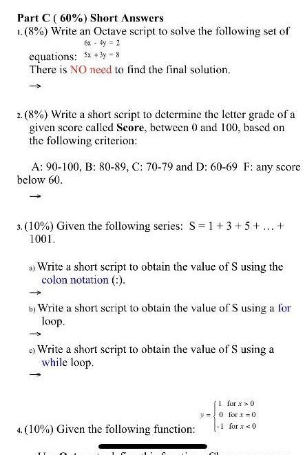 Solved Part C 60 Short Answers 18 Write An Octave