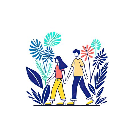 premium psd a man and woman walk in front of plants cartoon illustration
