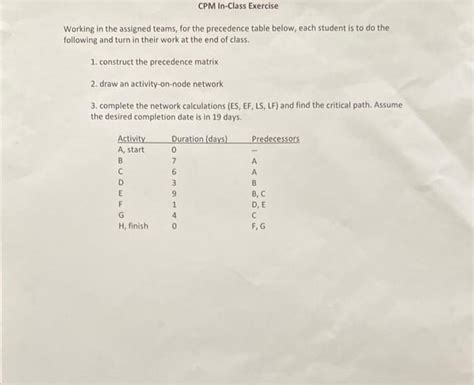 Solved Working In The Assigned Teams For The Precedence