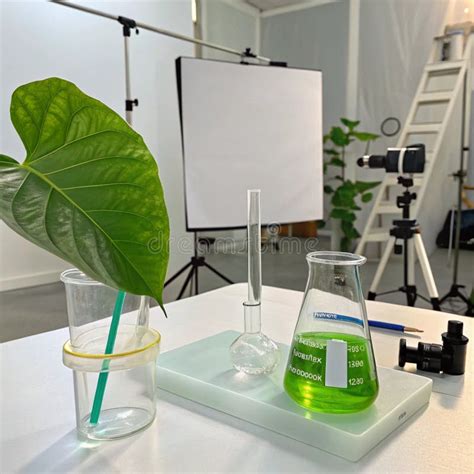 Laboratory Experiment With Green Leaf And Beaker For Product Research Stock Illustration