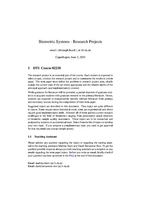 Syllabus Dtu 0 2238 Syllabus Dtu 02238 Biometric Systems Research Projects Email