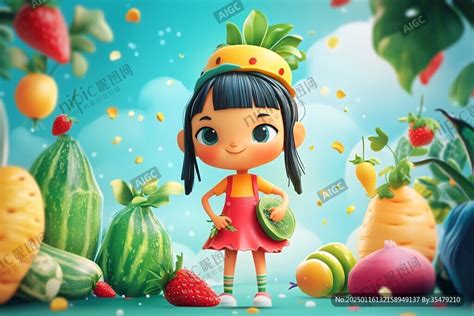Ai创作图原创草莓妹插画 水果姑娘 草莓女孩包装插画 水果娃娃素材 3d立体插画风格 原创水果形象 小女孩站在芒果上插画 站在芒果上的小姑娘 Lowpoly水果 水果女孩图片 原创萝卜ip形象