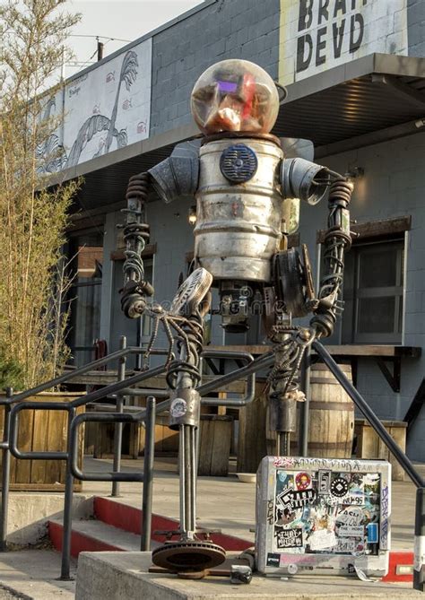 Surrealistic Metal Robot Scupture Deep Ellum Dallas Texas Editorial