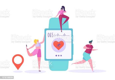 Smartwatch 애플 리 케이 션 기술 개념입니다 심장 박동 모니터와 함께 실행 하는 활동적인 사람 문자 피트 니스 추적자 하트 칼로리 계산입니다 벡터 일러스트 레이 션