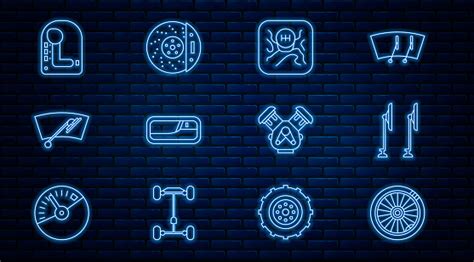 세트 라인 자동차 휠 윈드 스크린 와이퍼 기어 시프터 도어 핸들 엔진 및 브레이크 디스크를 캘리퍼 아이콘으로 설정합니다 벡터