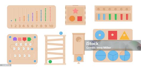몬테소리 게임의 벡터 세트 어린이 나무 환경 친화적 인 논리 장난감 유치원 어린이 아기 발달을위한 놀이 엔터테인먼트 및 교육 게임을위한 다양한 요소의 컬렉션 0명에 대한