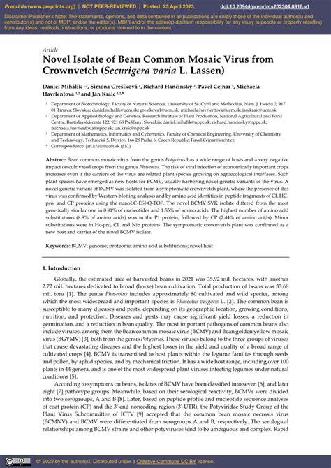 Pdf Novel Isolate Of Bean Common Mosaic Virus From Crownvetch Securigera Varia L Lassen