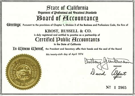 Cpa Certificate 1974 Krost