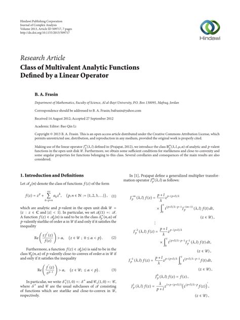 Pdf Class Of Multivalent Analytic Functions Defined By A Linear Operator