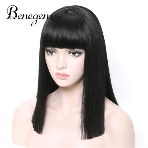 Benegem черный парик с челкой 16 дюймов Длина плеча Прямой женский ...